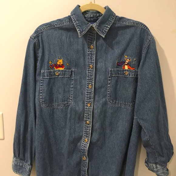 Disney | Tops | Disney Embroidered Pooh Denim Button Down Shirt S ...